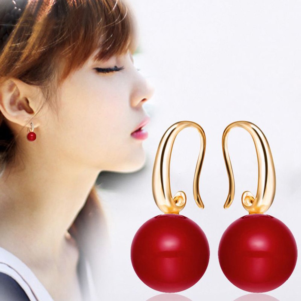 Merdia Charming Earrings Drop Simulated Pearl Hook Earrings 12MM Red | Pearl Earrings for Women | Pearl Jewelry | Women's Earrings | Earrings for Women Trendy | Pearl Drop Earrings | Pearl Earring