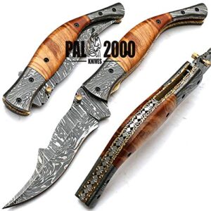 pal 2000 hunting knives fol-8459 handmade damascus steel pocket knife olive wood handle with sheath