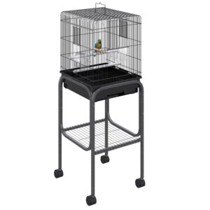 pawhut 45-inch metal indoor bird cage, parrot cage, bird aviary with detachable rolling stand, storage basket, and accessories - black