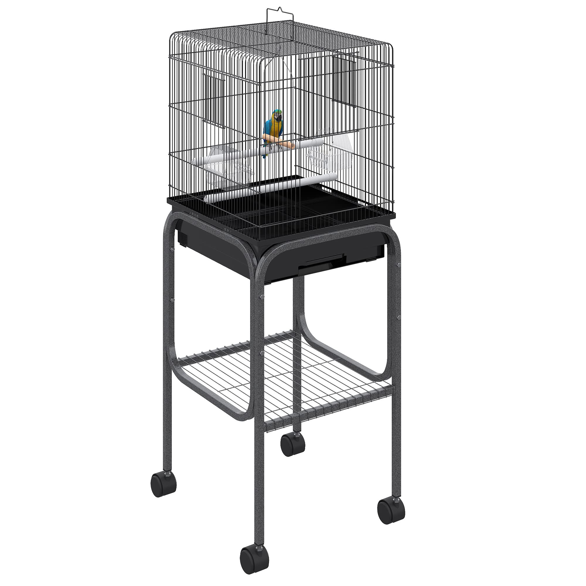 Pawhut 45-inch Metal Indoor Bird Cage, Parrot Cage, Bird Aviary with Detachable Rolling Stand, Storage Basket, and Accessories - Black