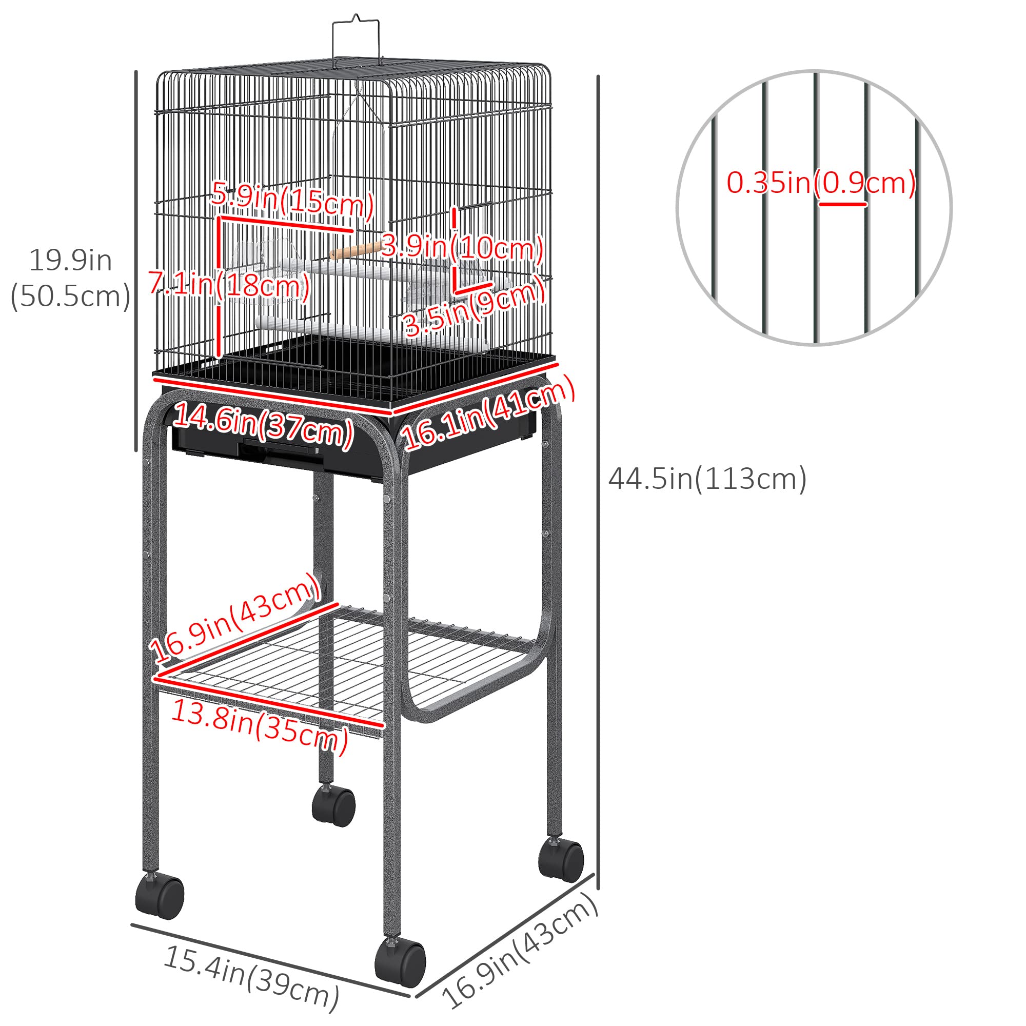 Pawhut 45-inch Metal Indoor Bird Cage, Parrot Cage, Bird Aviary with Detachable Rolling Stand, Storage Basket, and Accessories - Black