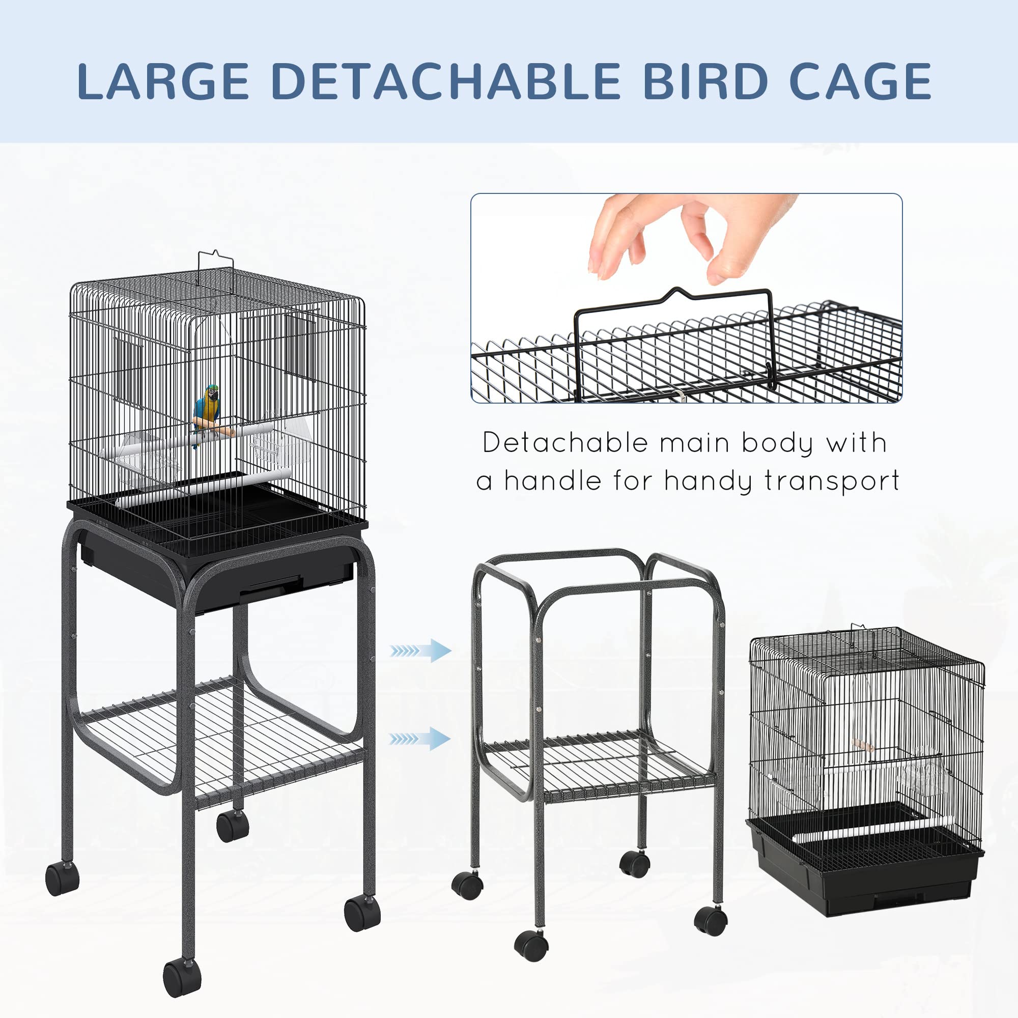 Pawhut 45-inch Metal Indoor Bird Cage, Parrot Cage, Bird Aviary with Detachable Rolling Stand, Storage Basket, and Accessories - Black