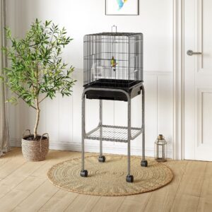 Pawhut 45-inch Metal Indoor Bird Cage, Parrot Cage, Bird Aviary with Detachable Rolling Stand, Storage Basket, and Accessories - Black