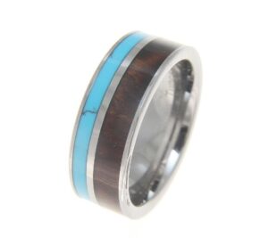 arthur's jewelry tungsten 8mm wedding band ring turquoise hawaiian koa wood comfort fit size 9