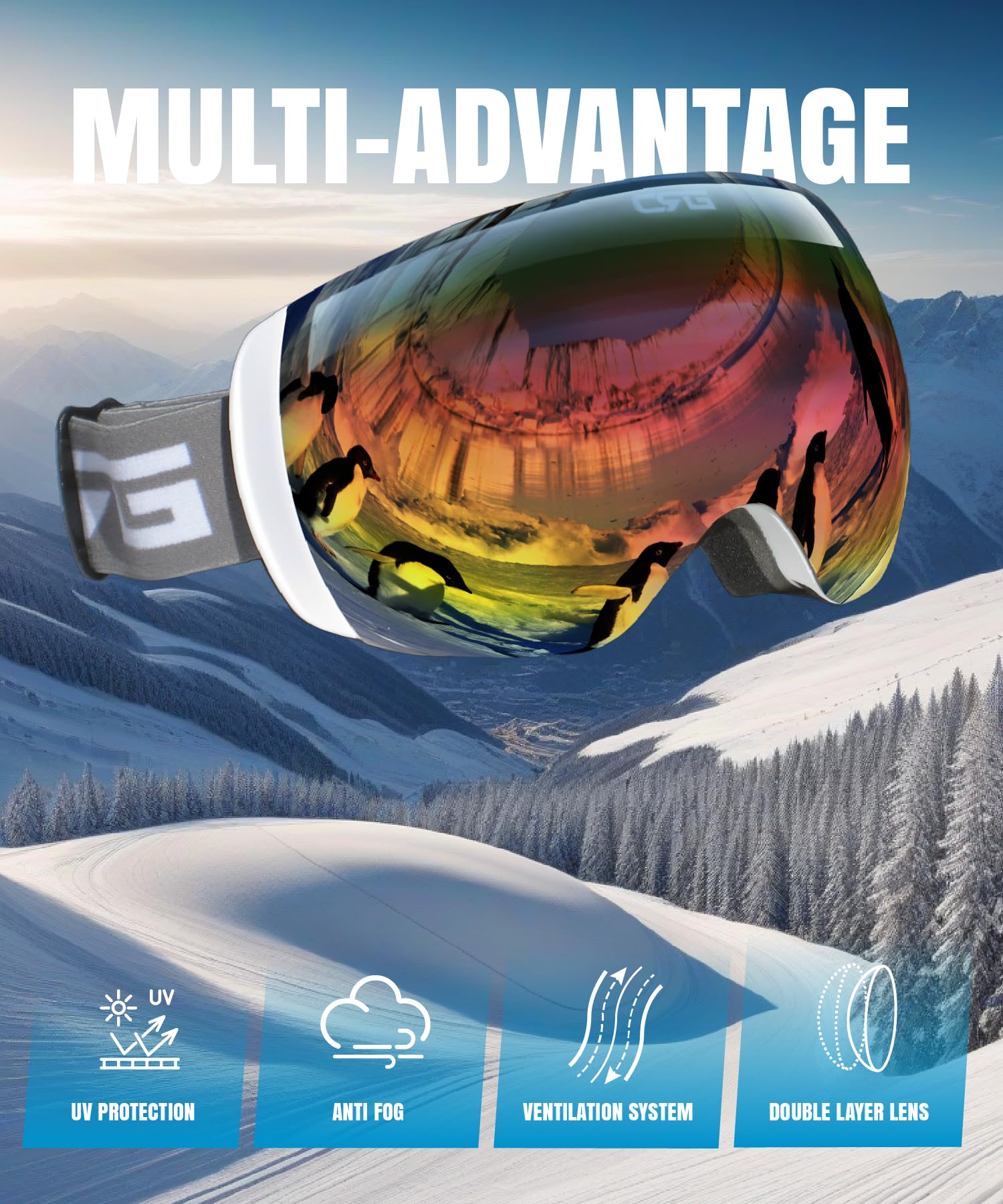 CRG Sports Ski Goggles 100% UV Protection Frameless Snowboard Goggles for Men,Women,Adults