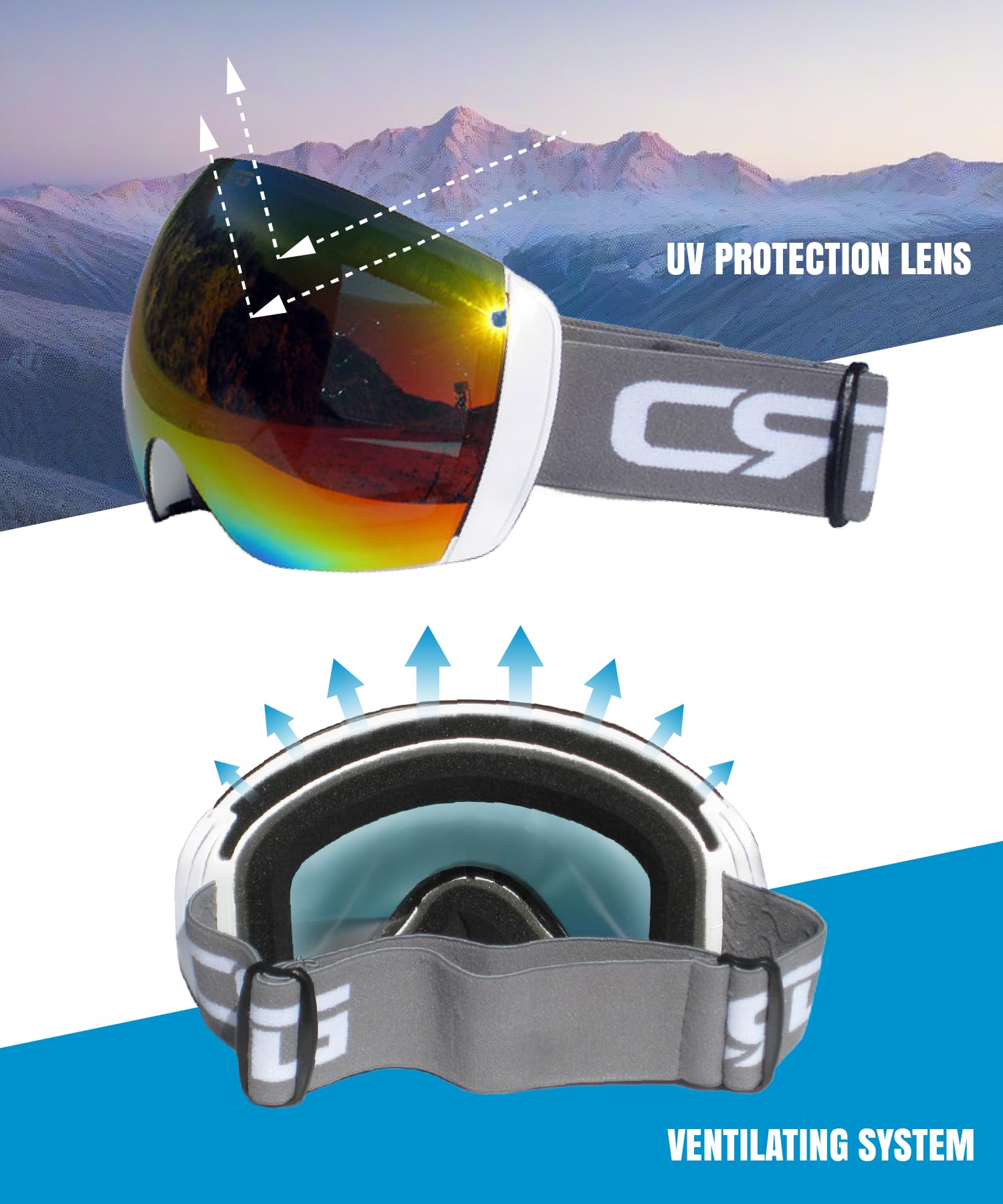 CRG Sports Ski Goggles 100% UV Protection Frameless Snowboard Goggles for Men,Women,Adults