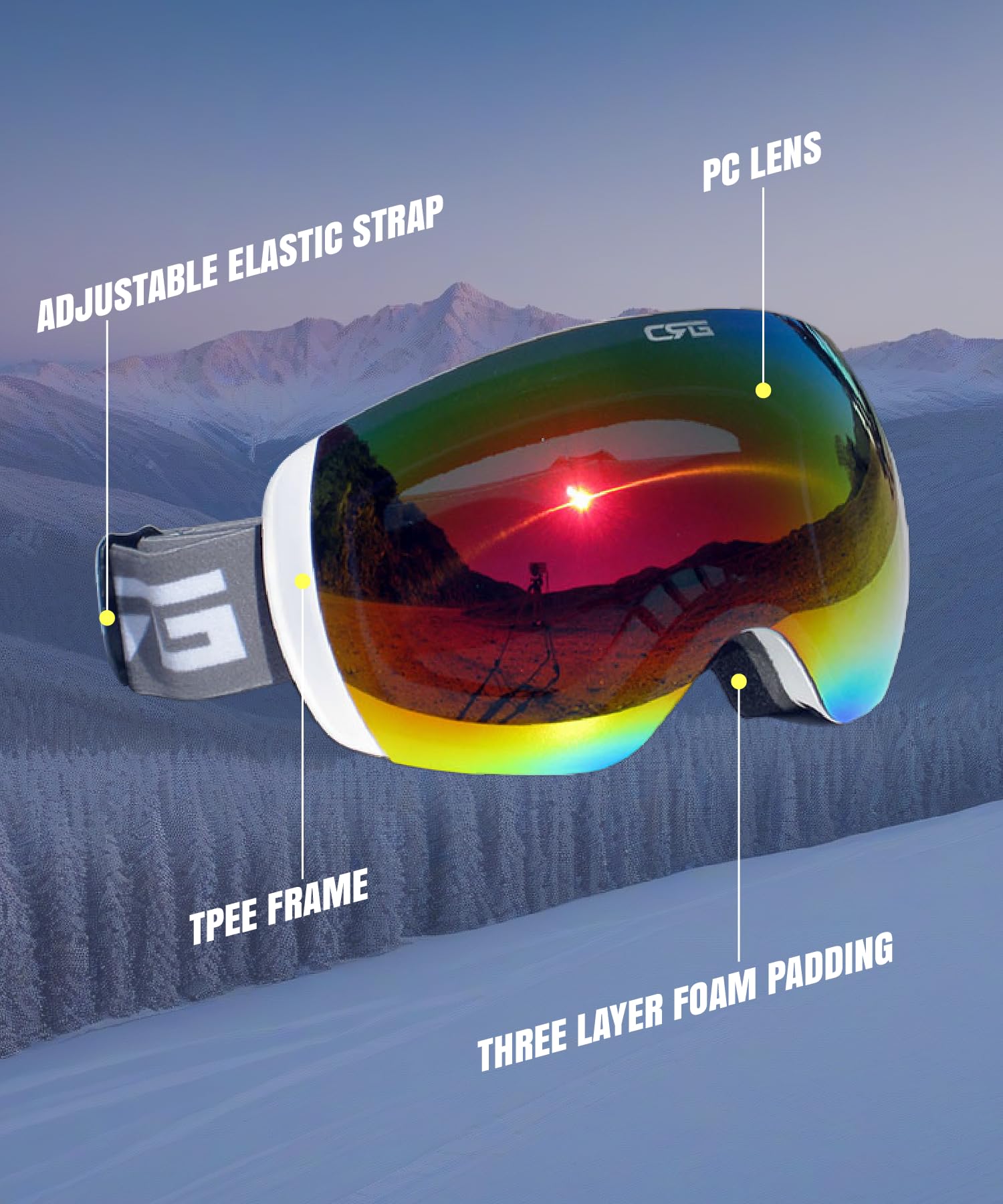 CRG Sports Ski Goggles 100% UV Protection Frameless Snowboard Goggles for Men,Women,Adults