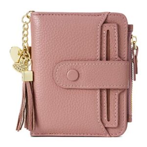 women's rfid mini soft leather bifold wallet with id window card sleeve coin purse(pink)