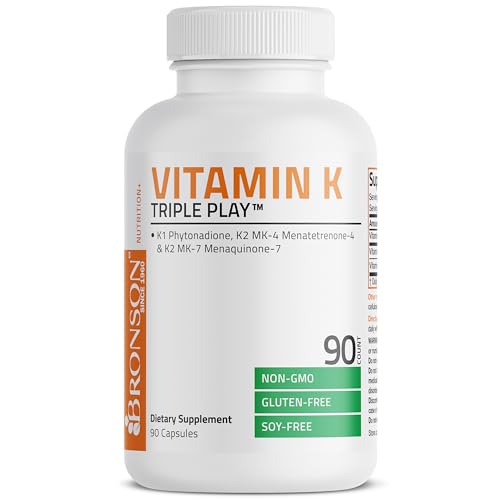 Bronson Vitamin K Triple Play (Vitamin K2 MK7 / Vitamin K2 MK4 / Vitamin K1) Full Spectrum Complex Vitamin K Supplement, 90 Capsules