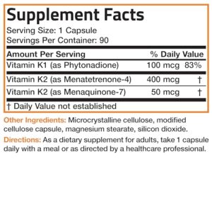 Bronson Vitamin K Triple Play (Vitamin K2 MK7 / Vitamin K2 MK4 / Vitamin K1) Full Spectrum Complex Vitamin K Supplement, 90 Capsules