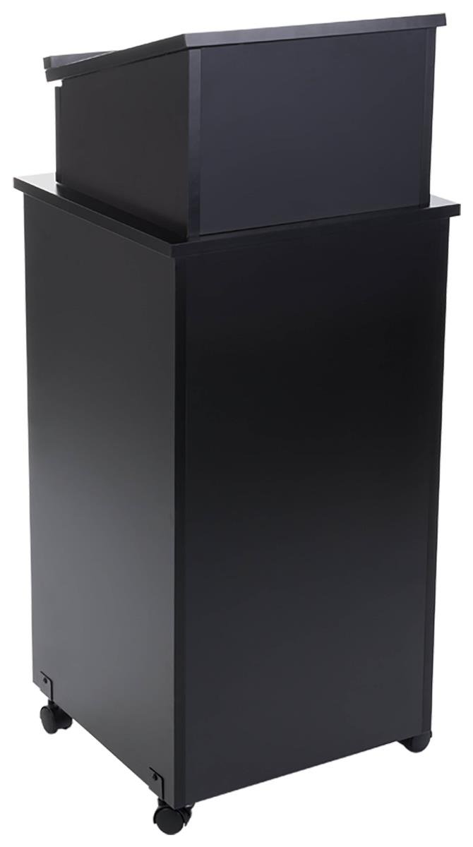 Displays2go Black Speaker Lectern, Elevated Reading Surface, Enclosed Storage Area, Melamine MDF – Black (LCTTBLRBKD)