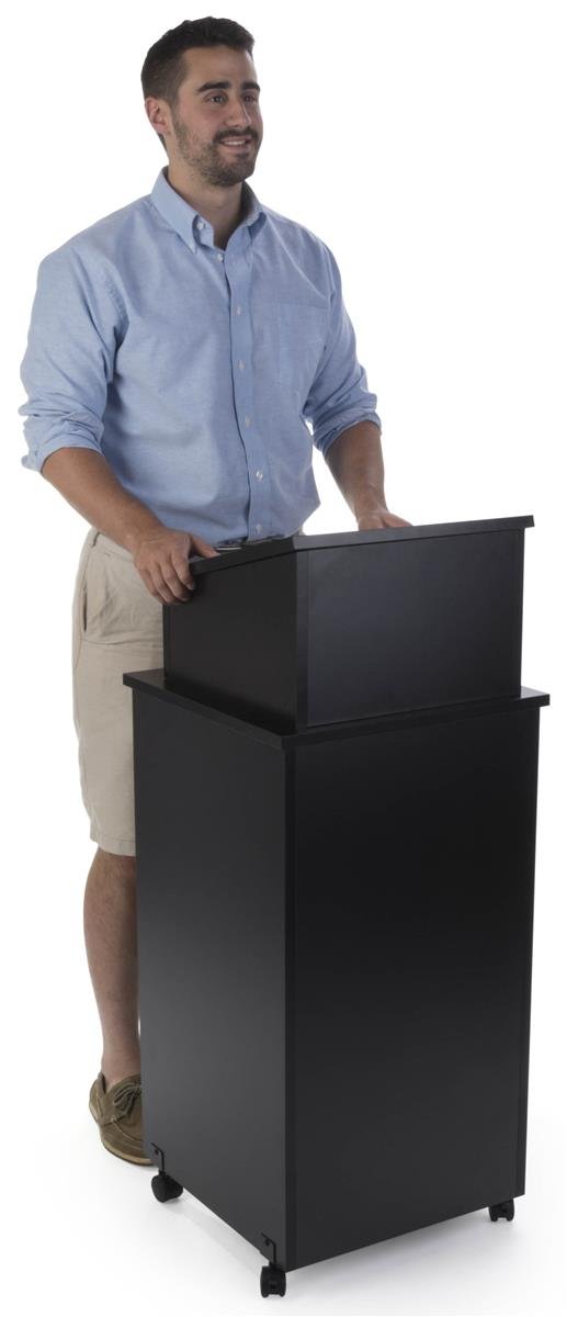 Displays2go Black Speaker Lectern, Elevated Reading Surface, Enclosed Storage Area, Melamine MDF – Black (LCTTBLRBKD)