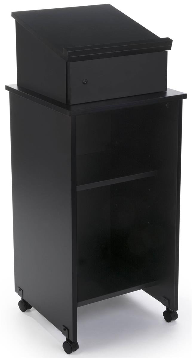 Displays2go Black Speaker Lectern, Elevated Reading Surface, Enclosed Storage Area, Melamine MDF – Black (LCTTBLRBKD)