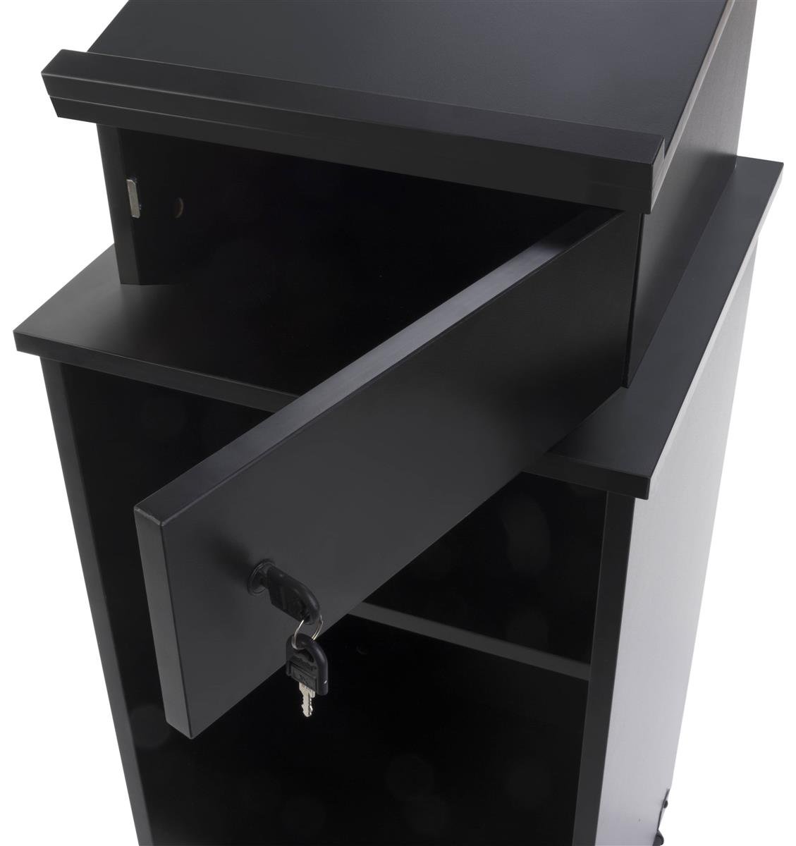 Displays2go Black Speaker Lectern, Elevated Reading Surface, Enclosed Storage Area, Melamine MDF – Black (LCTTBLRBKD)