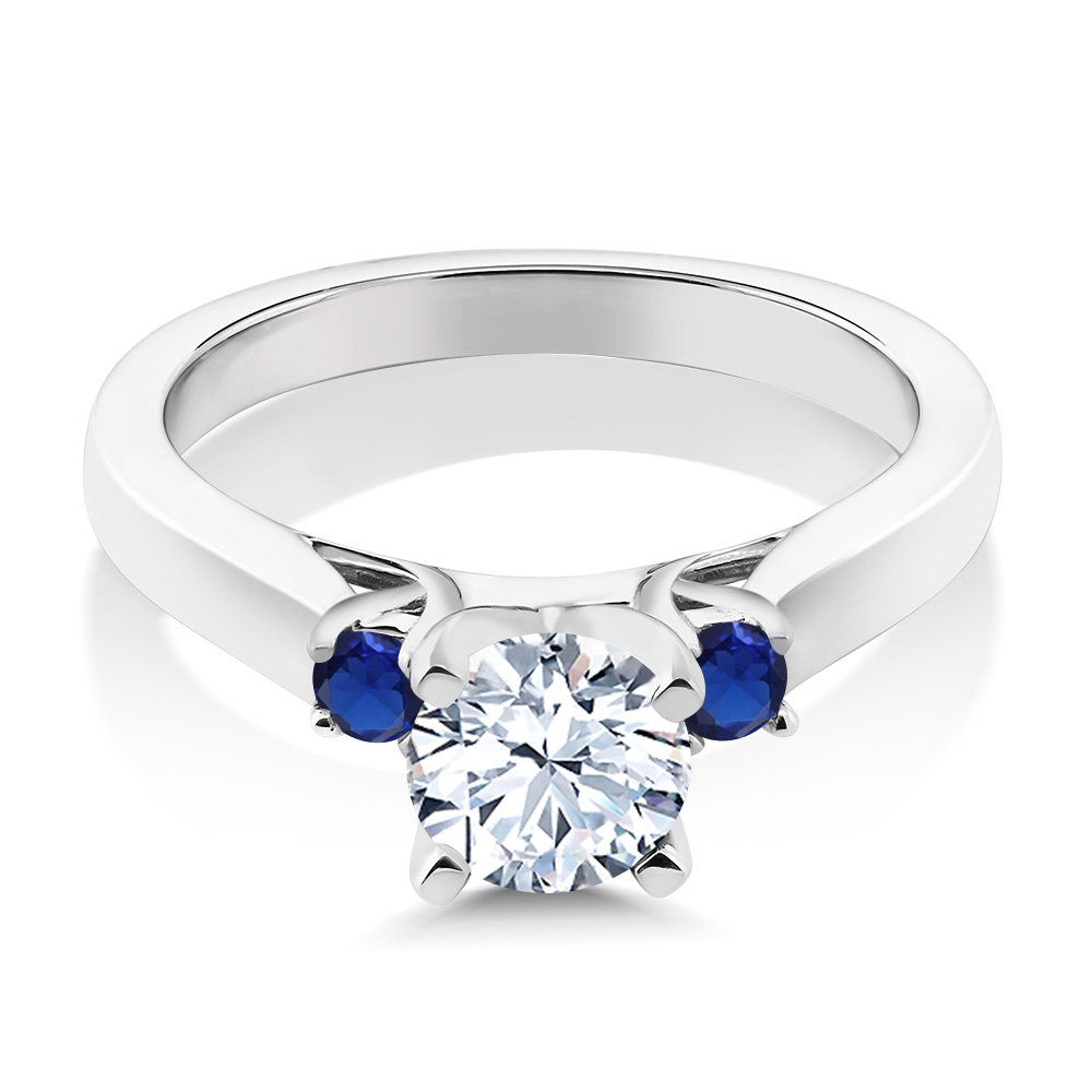 Gem Stone King 925 Sterling Silver White Zirconia and Blue Created Sapphire 3-Stone Engagement Ring For Women (1.76 Cttw, Round 6MM, Gemstone Birthstone, Size 7)