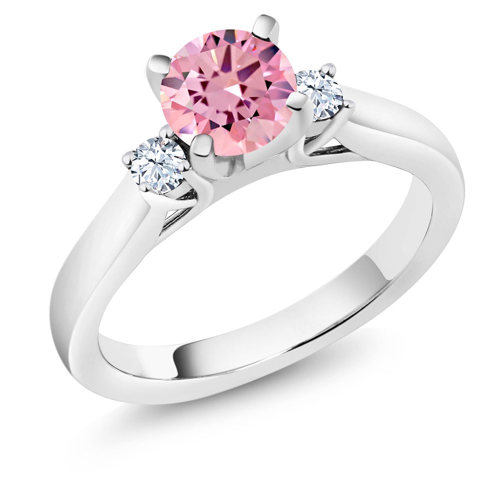 Gem Stone King 925 Sterling Silver Pink Zirconia and White Created Sapphire 3-Stone Engagement Ring For Women (1.60 Cttw, Round 6MM, Gemstone Birthstone, Size 9)