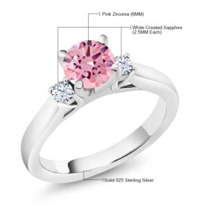 Gem Stone King 925 Sterling Silver Pink Zirconia and White Created Sapphire 3-Stone Engagement Ring For Women (1.60 Cttw, Round 6MM, Gemstone Birthstone, Size 9)