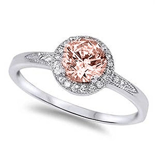 Blue Apple Co. Halo Wedding Engagement Ring Round Simulated Morganite 925 Sterling Silver