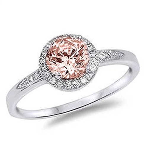 Blue Apple Co. Halo Wedding Engagement Ring Round Simulated Morganite 925 Sterling Silver