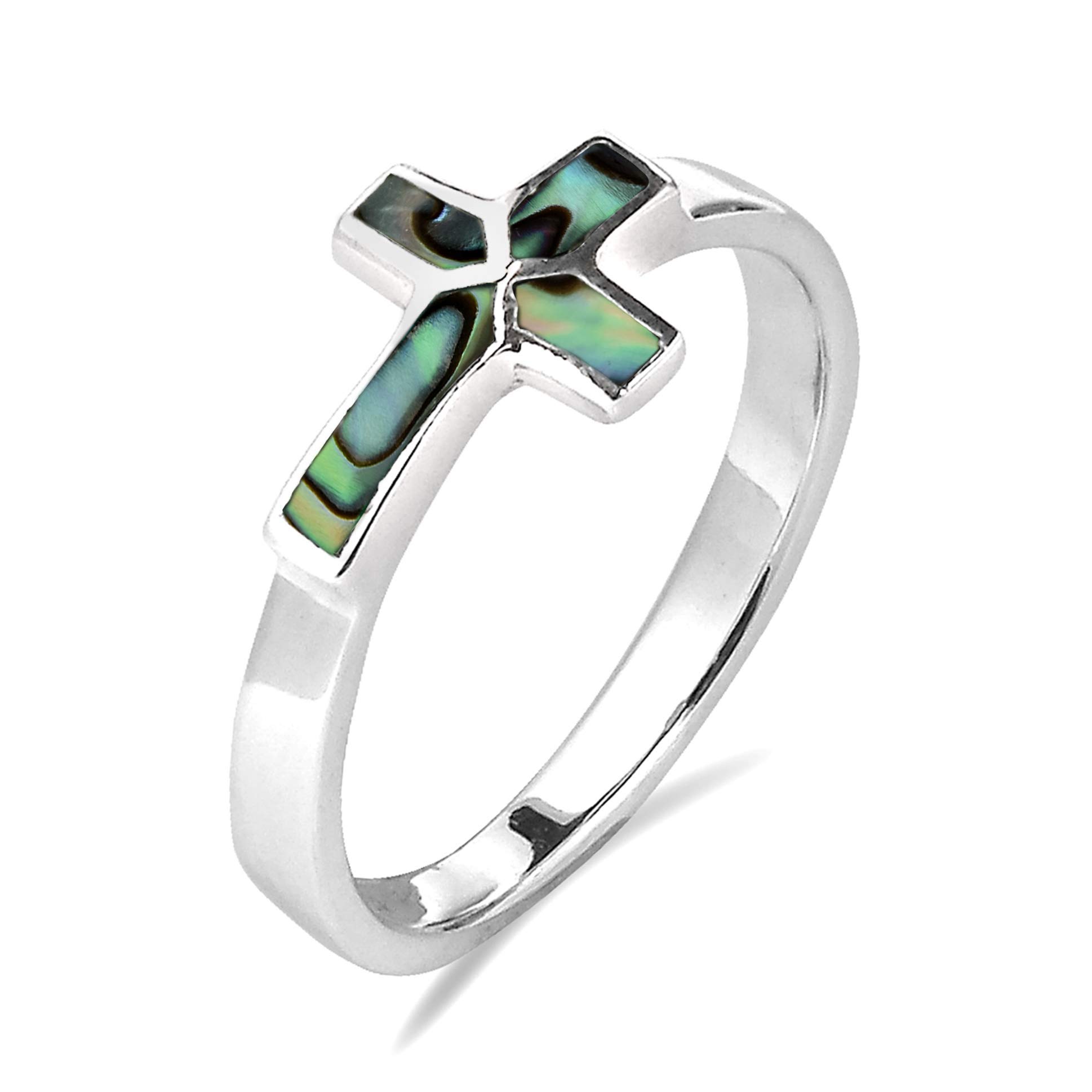 AeraVida Sideways Cross Rainbow Abalone Shell .925 Sterling Silver Ring | Classic Wedding Rings For Women | Religious Ornament Silver Rings for Women | Sterling Silver Rings Sizes (8)