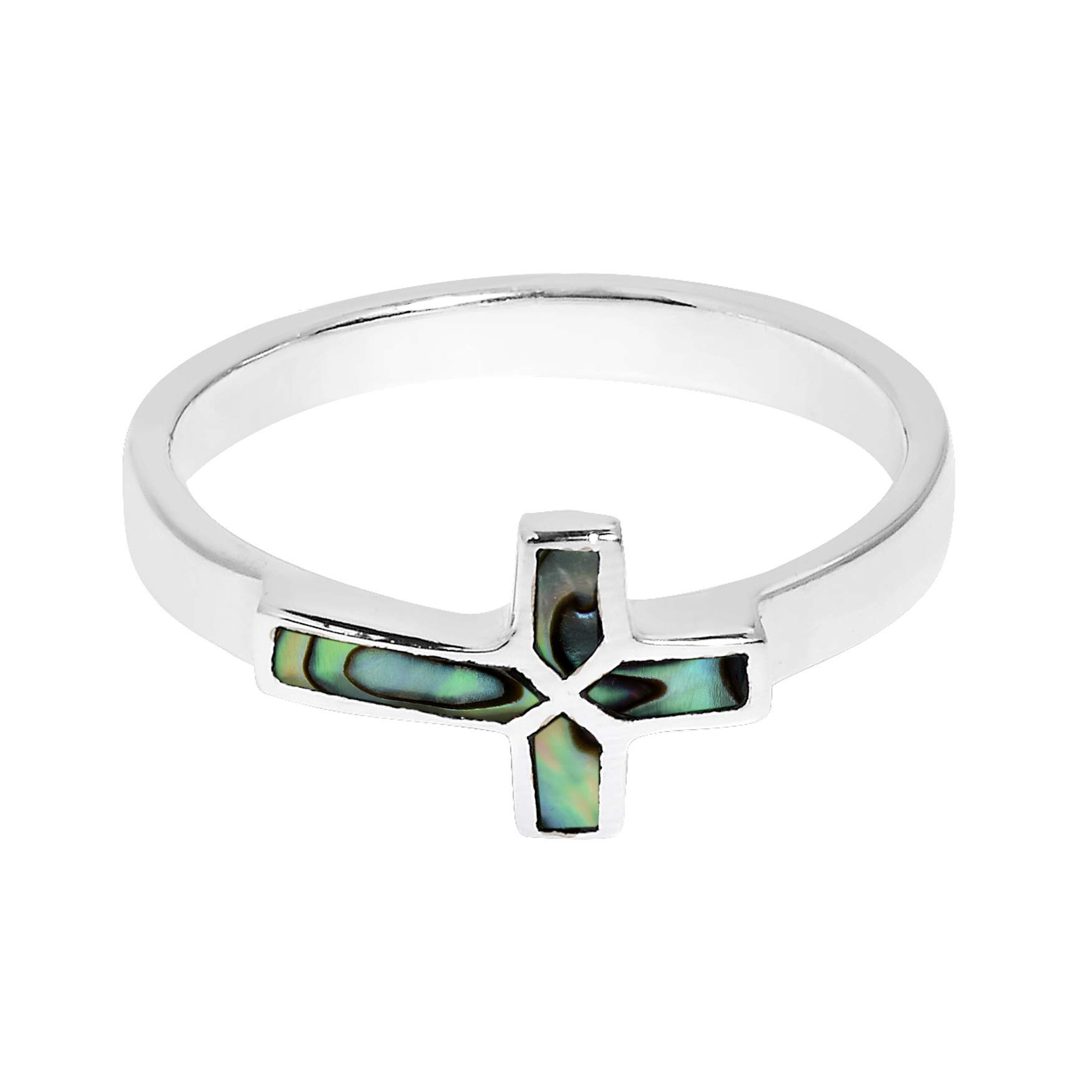 AeraVida Sideways Cross Rainbow Abalone Shell .925 Sterling Silver Ring | Classic Wedding Rings For Women | Religious Ornament Silver Rings for Women | Sterling Silver Rings Sizes (8)