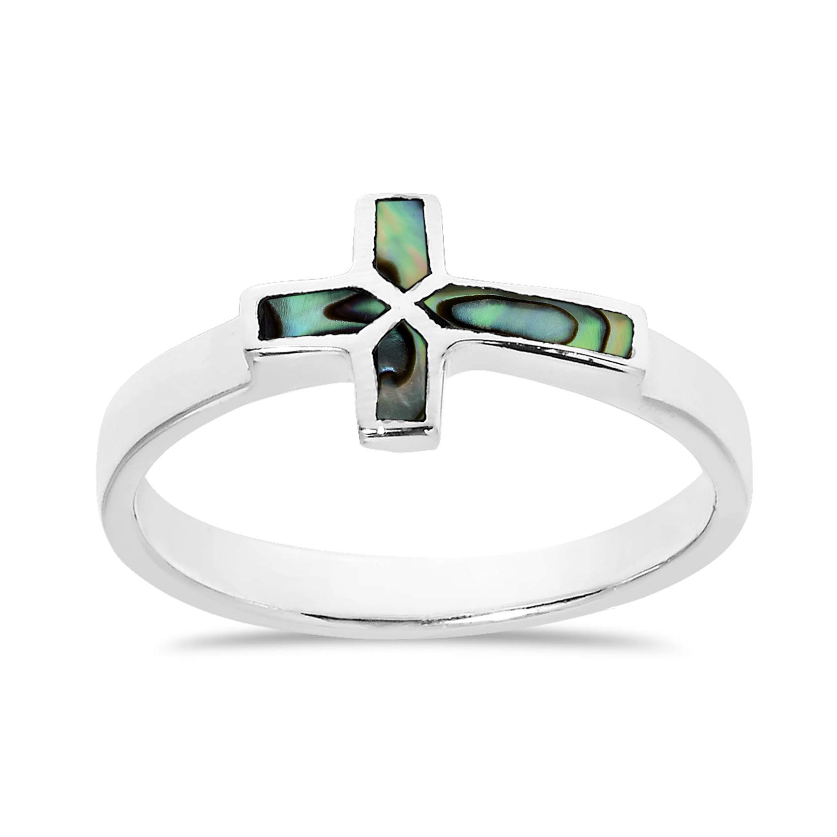 AeraVida Sideways Cross Rainbow Abalone Shell .925 Sterling Silver Ring | Classic Wedding Rings For Women | Religious Ornament Silver Rings for Women | Sterling Silver Rings Sizes (8)