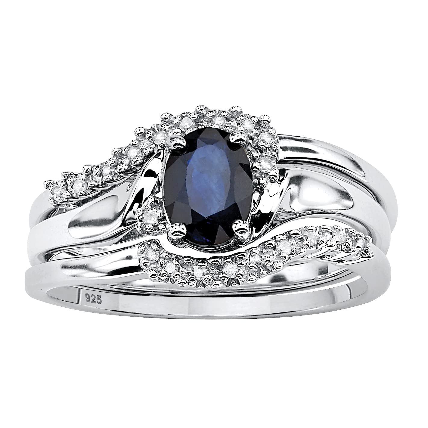 PalmBeach Platinum-Plated or Yellow Gold-Plated Sterling Silver Genuine Midnight Blue Sapphire and Diamond Accent 3 Piece Bridal Ring Set Size 5