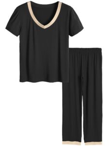 latuza women's v-neck short sleeves pajama set l black