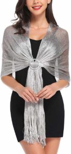 serenita evening shawl wrap for dress. large metallic wedding bridal party fishnet soft scarf (silver)