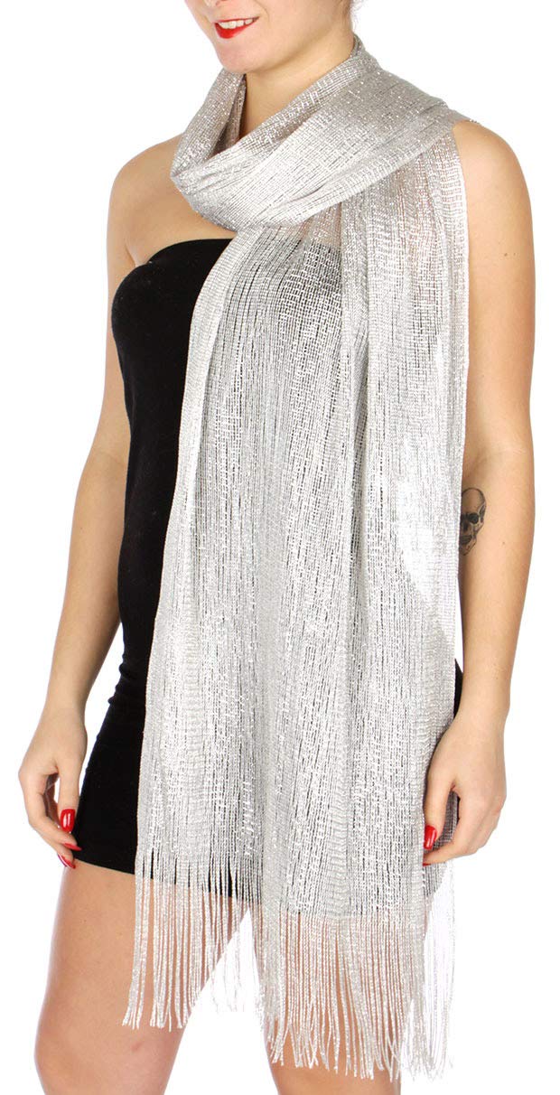 SERENITA Evening Shawl Wrap for Dress. Large Metallic Wedding Bridal Party Fishnet Soft Scarf (Silver)