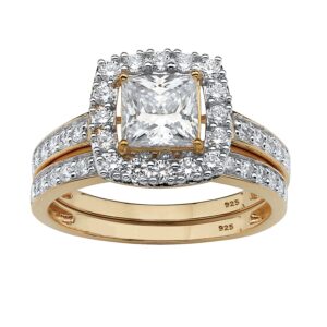 palmbeach yellow gold-plated rose gold-plated or platinum-plated sterling silver princess cut cubic zirconia halo bridal ring set size 6