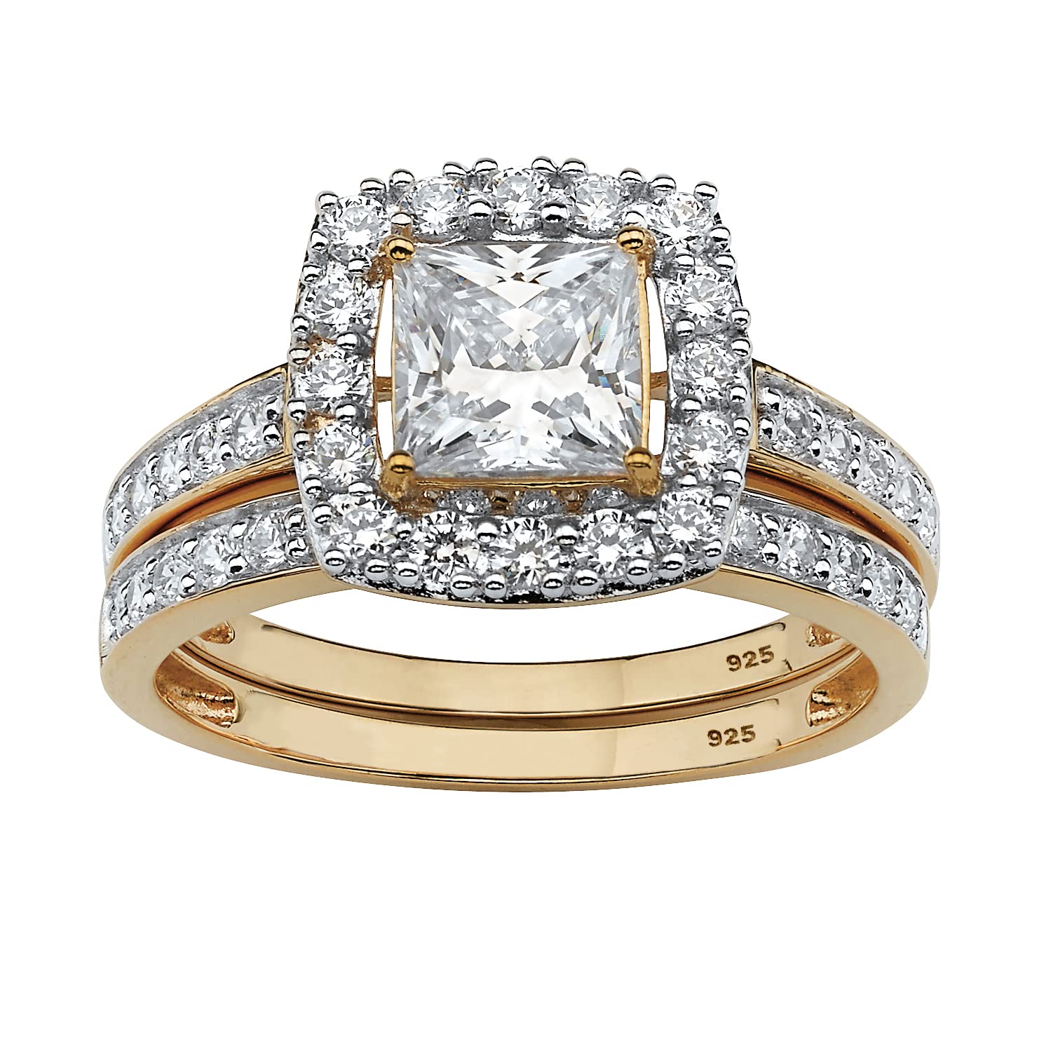 PalmBeach Yellow Gold-Plated Rose Gold-Plated or Platinum-Plated Sterling Silver Princess Cut Cubic Zirconia Halo Bridal Ring Set Size 6