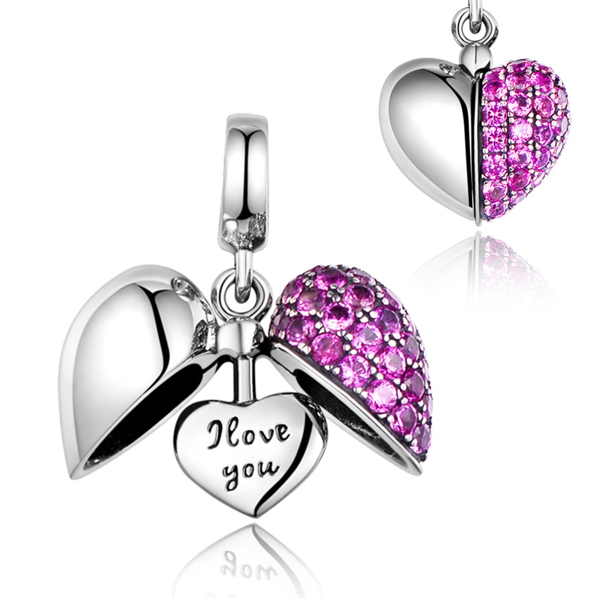 GW 925 Sterling Silver Love Heart Charms Fit Snake Chain Bracelets Pendant for Necklace for Women (Pink-I love you)