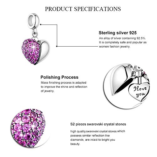 GW 925 Sterling Silver Love Heart Charms Fit Snake Chain Bracelets Pendant for Necklace for Women (Pink-I love you)