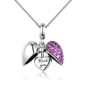 GW 925 Sterling Silver Love Heart Charms Fit Snake Chain Bracelets Pendant for Necklace for Women (Pink-I love you)