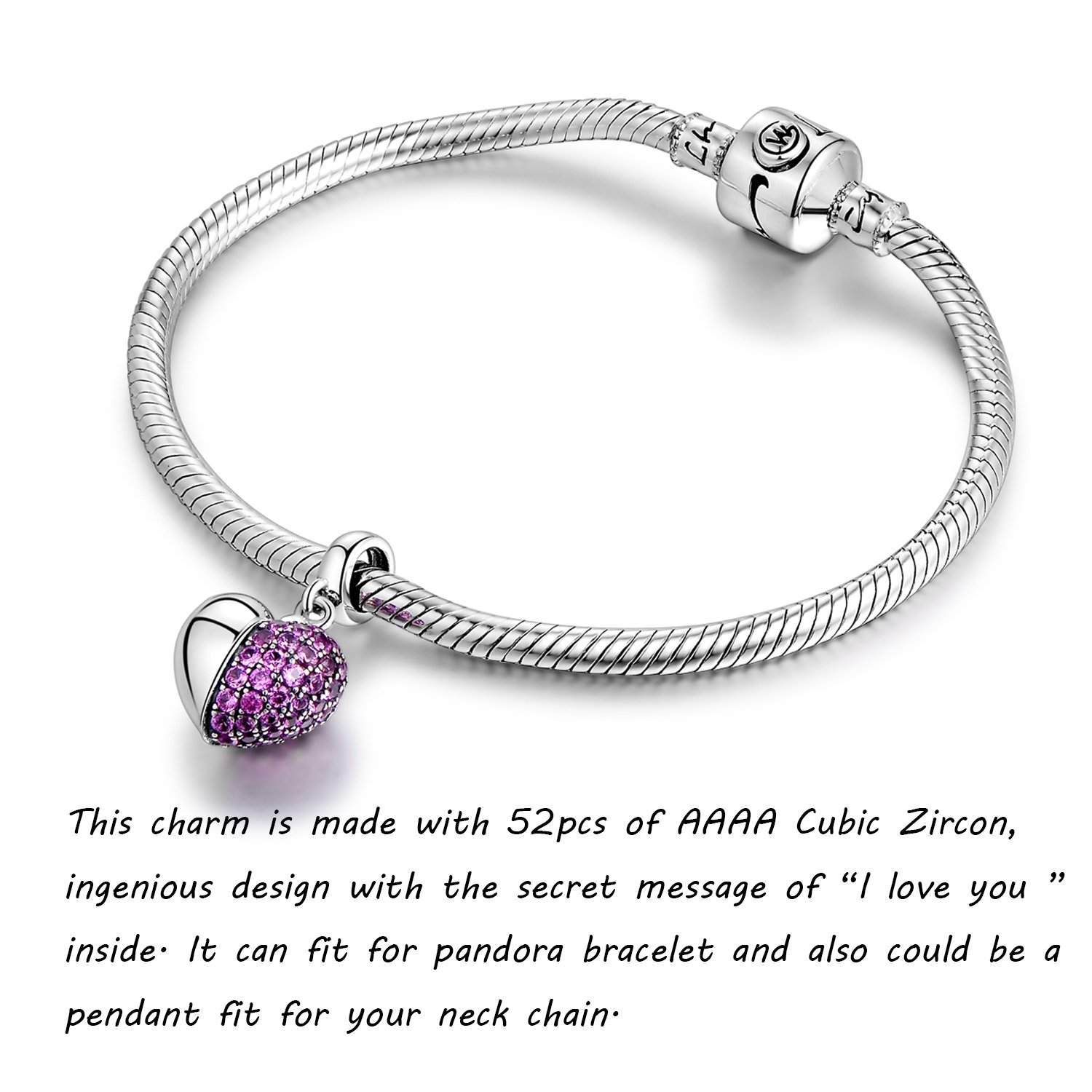 GW 925 Sterling Silver Love Heart Charms Fit Snake Chain Bracelets Pendant for Necklace for Women (Pink-I love you)