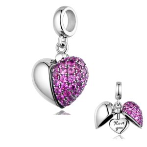 GW 925 Sterling Silver Love Heart Charms Fit Snake Chain Bracelets Pendant for Necklace for Women (Pink-I love you)