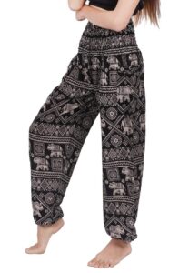 banjamath® women's smocked waist harem hippie boho yoga palazzo casual pants (s,elephant black)