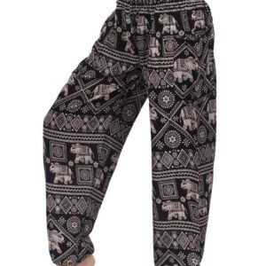 Banjamath® Women's Smocked Waist Harem Hippie Boho Yoga Palazzo Casual Pants (S,Elephant Black)