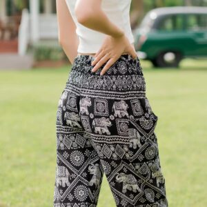 Banjamath® Women's Smocked Waist Harem Hippie Boho Yoga Palazzo Casual Pants (S,Elephant Black)