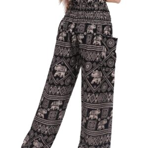 Banjamath® Women's Smocked Waist Harem Hippie Boho Yoga Palazzo Casual Pants (S,Elephant Black)