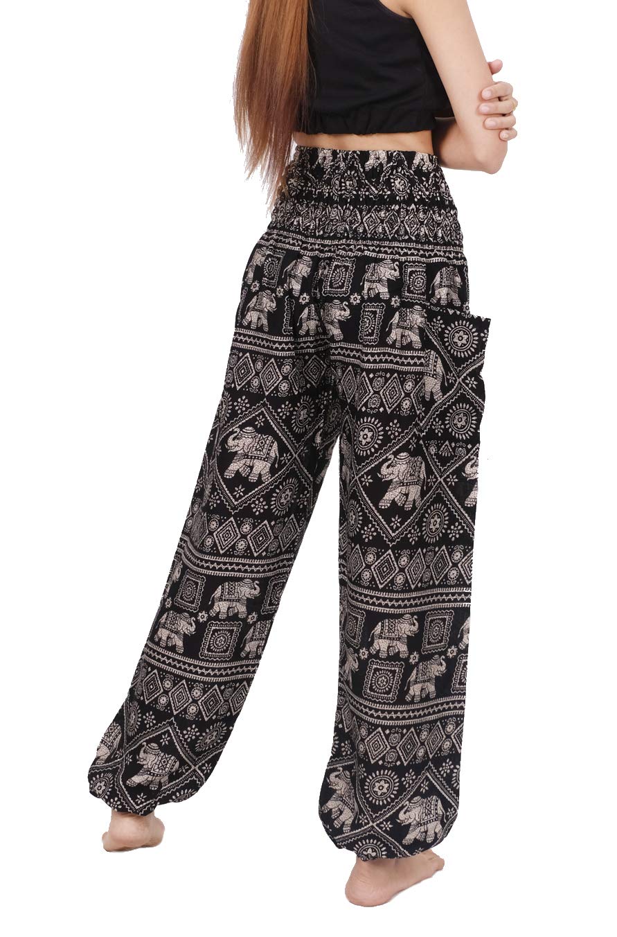 Banjamath® Women's Smocked Waist Harem Hippie Boho Yoga Palazzo Casual Pants (S,Elephant Black)