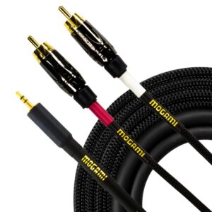 mogami gold 3.5-2rca-20 stereo audio y-adapter cable, 3.5mm trs plug to dual rca plugs, gold contacts, straight connectors, 20 foot