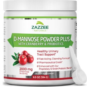 zazzee d-mannose powder plus, 2000 mg, 67 servings, potent & fast-acting, plus 5 billion cfu probiotics and pure cranberry juice extract, free scoop, 6.5 oz, vegan, gluten-free, non-gmo, all-natural