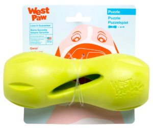 west paw zogoflex qwizl interactive treat dispensing dog puzzle treat toy for dogs, granny smith, large