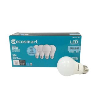 (4 pack) ecosmart a19 led 60 watt replacement (8.5w) daylight white (5000k) 840 lumens energy star rated medium base e26 dimmable regular shaped light bulbs