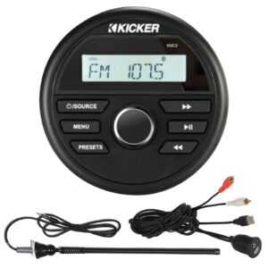 kicker kmc2 marine gauge style am/fm radio stereo receiver media player bundle combo with enrock usb/aux to rca interface mount cable, 45" radio antenna mast