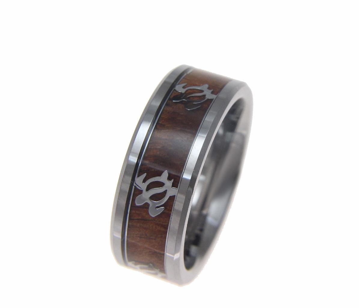 Arthur's Jewelry Genuine inlay Hawaiian koa wood band ring honu turtle tungsten comfort fit 8mm size 8