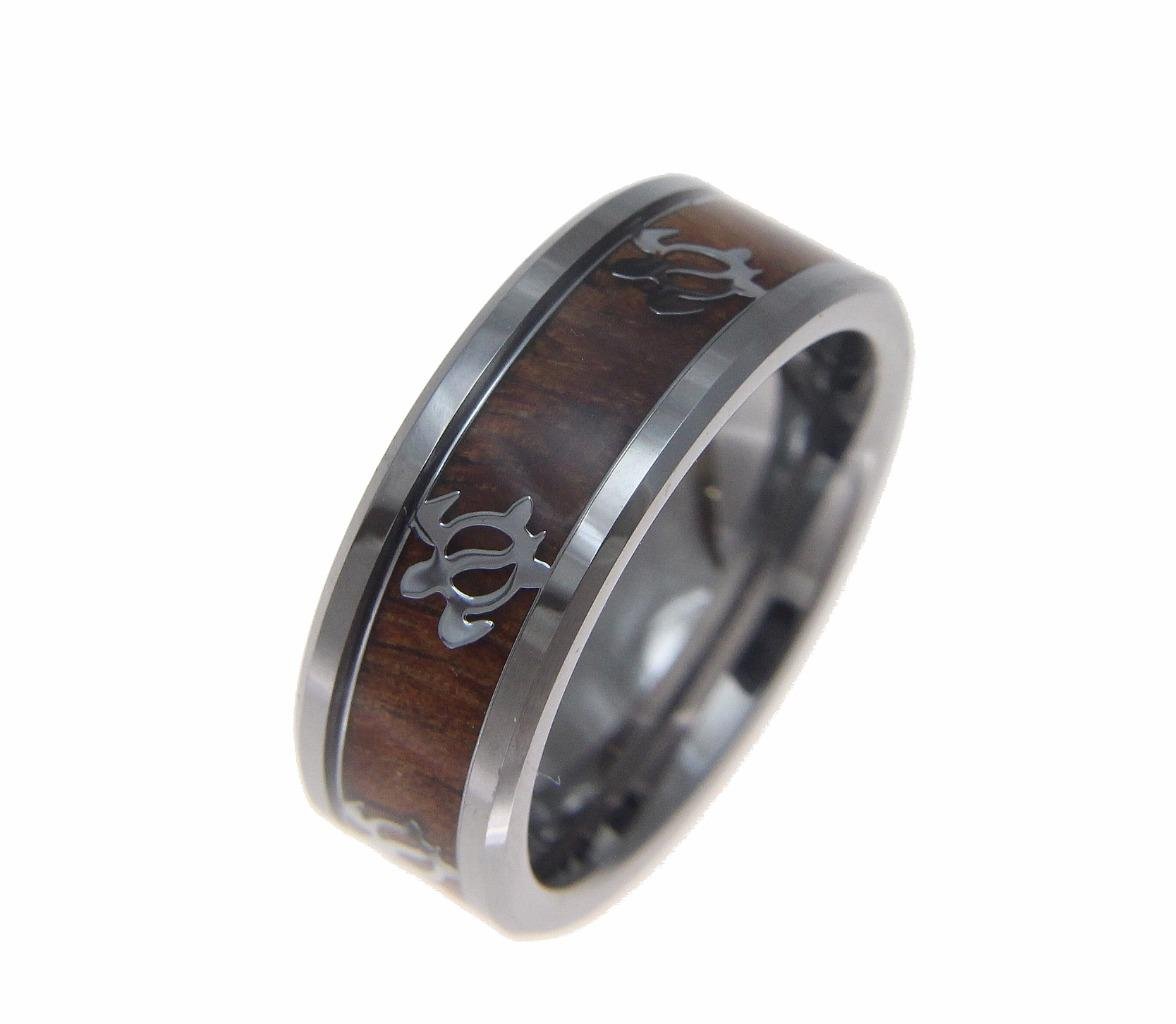 Arthur's Jewelry Genuine inlay Hawaiian koa wood band ring honu turtle tungsten comfort fit 8mm size 8