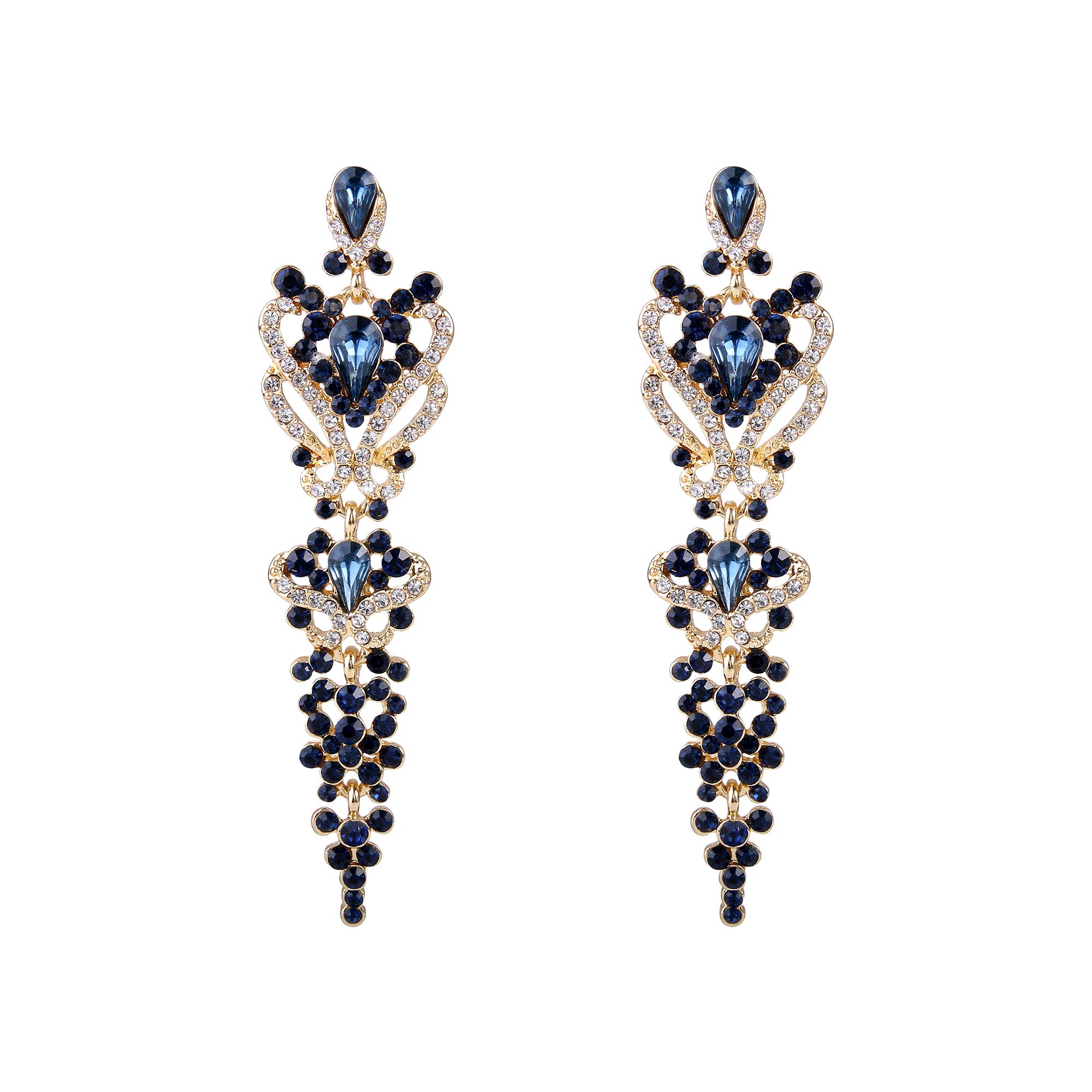 EVER FAITH Women's Austrian Crystal Gastby Inspired Floral Knot Dangle Earrings Navy Blue Gold-Tone